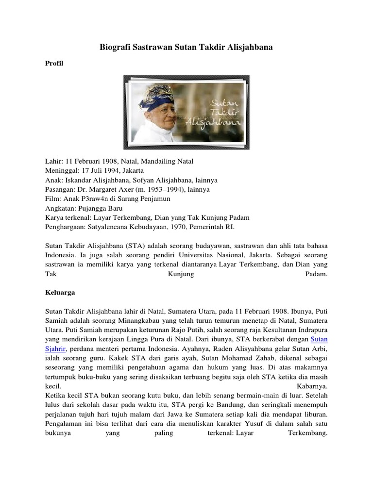 Biografi Sastrawan Sutan Takdir Alisjahbana | PDF