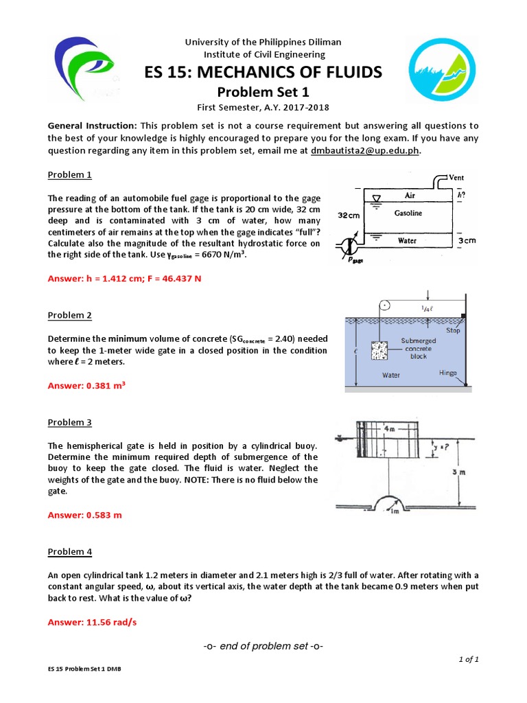 Mechanics of Fluids Problem Set 1: Determining Fluid Levels, Forces, Volumes, and Angular Speeds ...