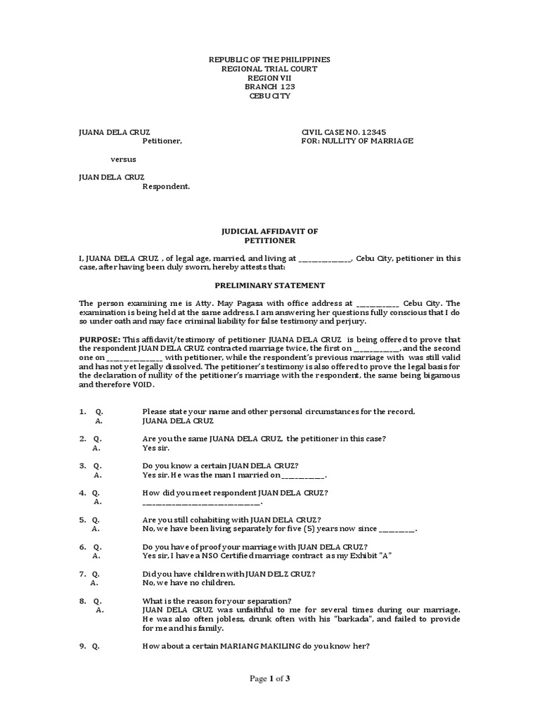 Judicial Affidavit Annulment Sample | PDF | Affidavit | Annulment