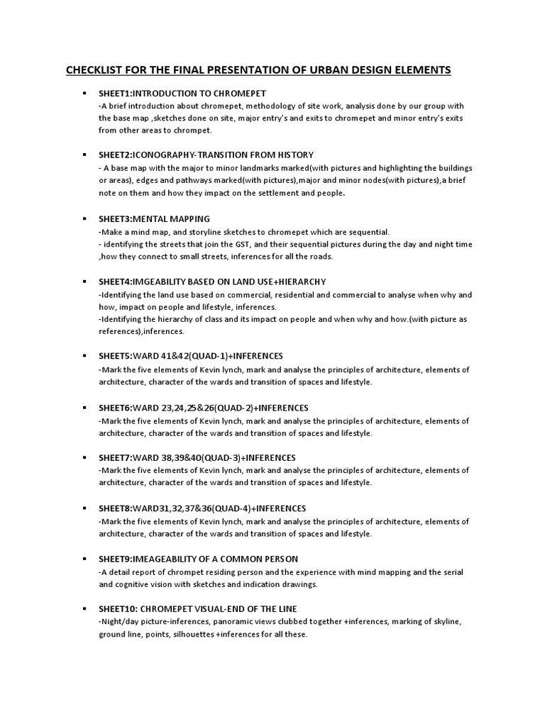 Checklist For The Final Presentation of Urban Design Elements | PDF | Urban Design | Neuroscience