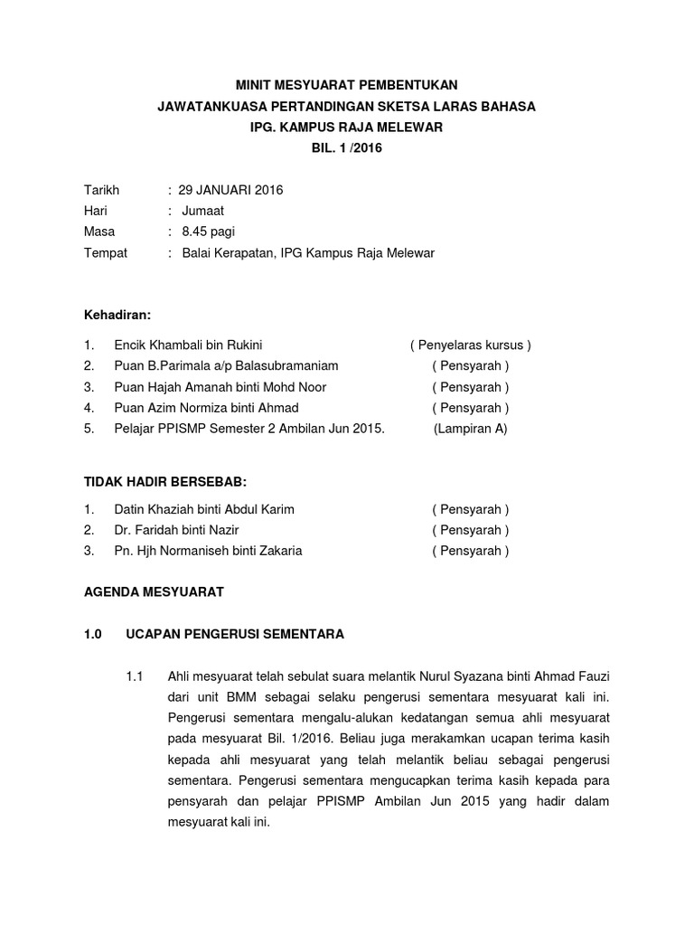 Contoh Minit Mesyuarat Lengkap | PDF