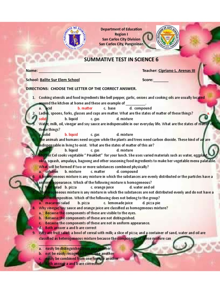 Summative Test - Q1 Science 6 With Key Answer | PDF | Solution | Solubility