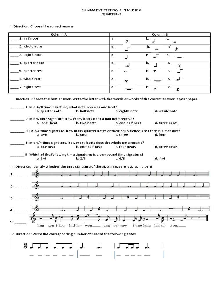 Summative Test #1: Assessing Musical Knowledge of Notes, Time ...