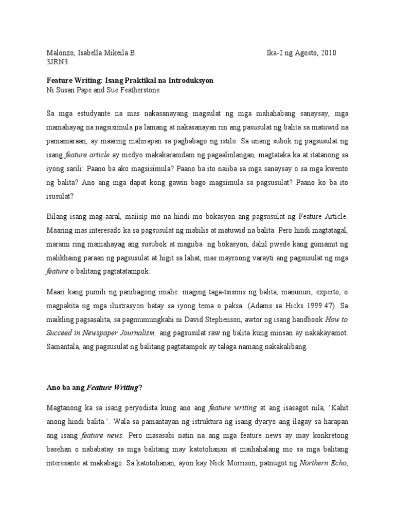 Feature Writing - Isang Praktikal Na Introduksyon | PDF