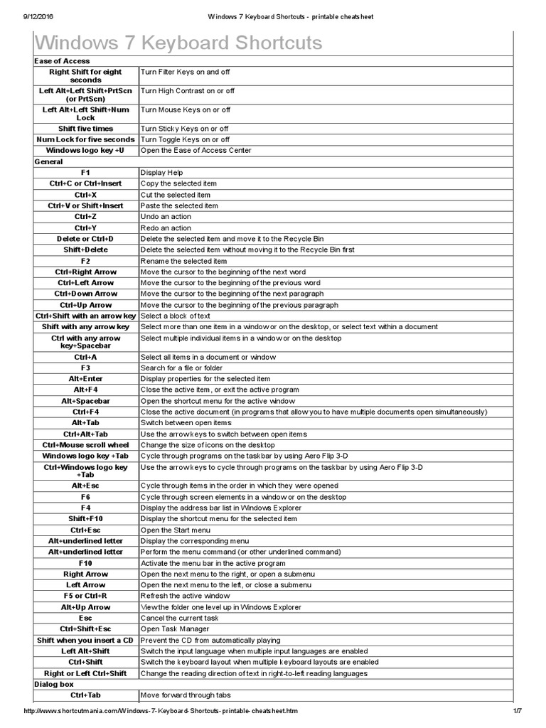 Windows 7 Keyboard Shortcuts - Printable Cheatsheet | Download Free PDF ...