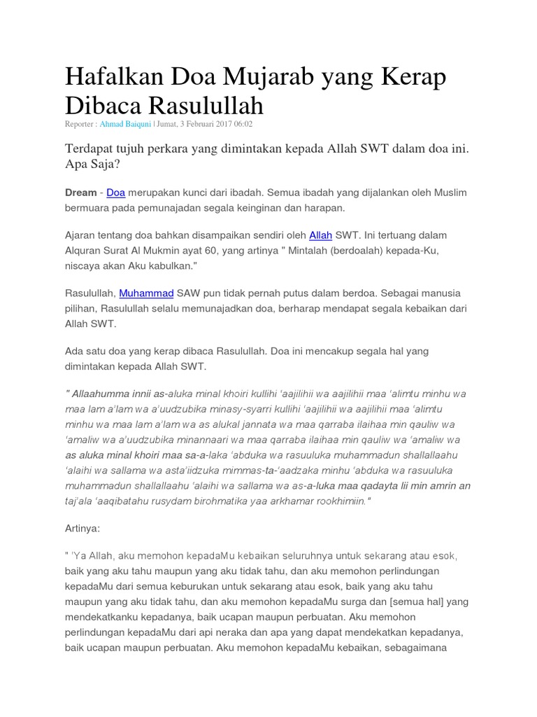 Hafalkan Doa Mujarab Yang Kerap Dibaca Rasulullah Pdf