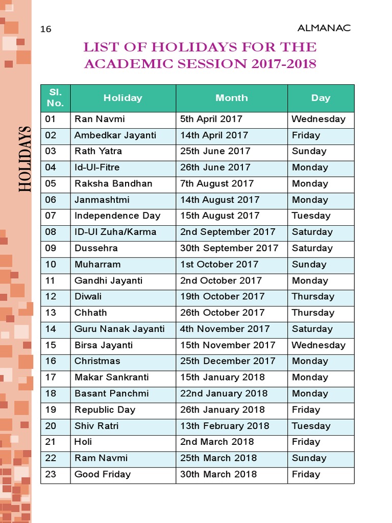 List of Holidays 1718 | PDF | Religious Holidays | Public Holiday