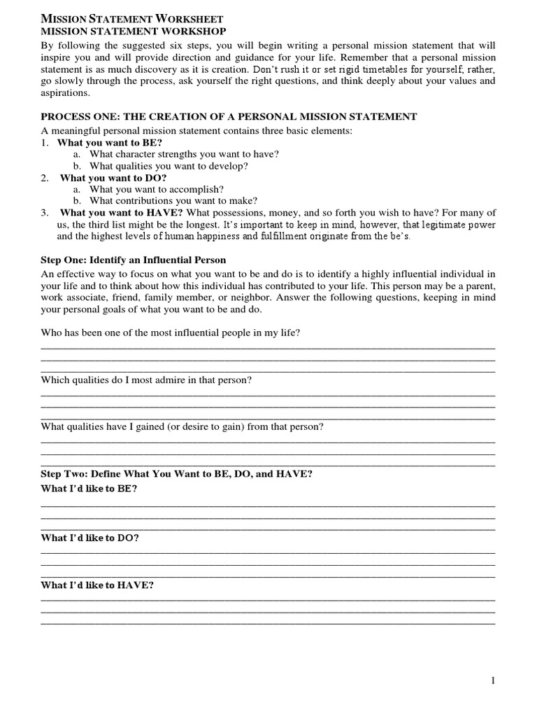 Mission Statement Worksheet | PDF | Applied Psychology | Evaluation