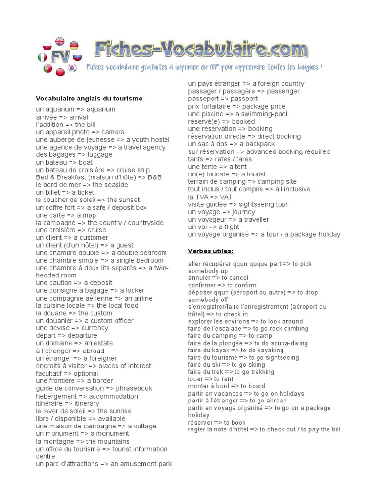 Lexique Vocabulaire Anglais Du Tourisme | PDF | Tourisme | Loisirs