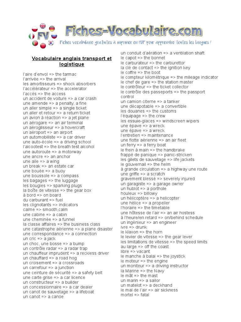 Vocabulaire Anglais Transport Logistique | PDF | Transport | Véhicules Vocabulaire Anglais Transport Logistique | PDF | Transport | Véhicules