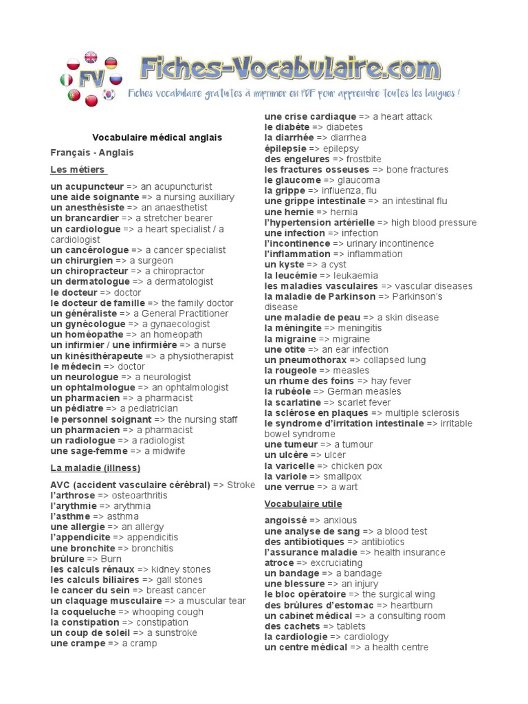 Vocabulaire médical anglais-français | PDF | Maladies et troubles ...