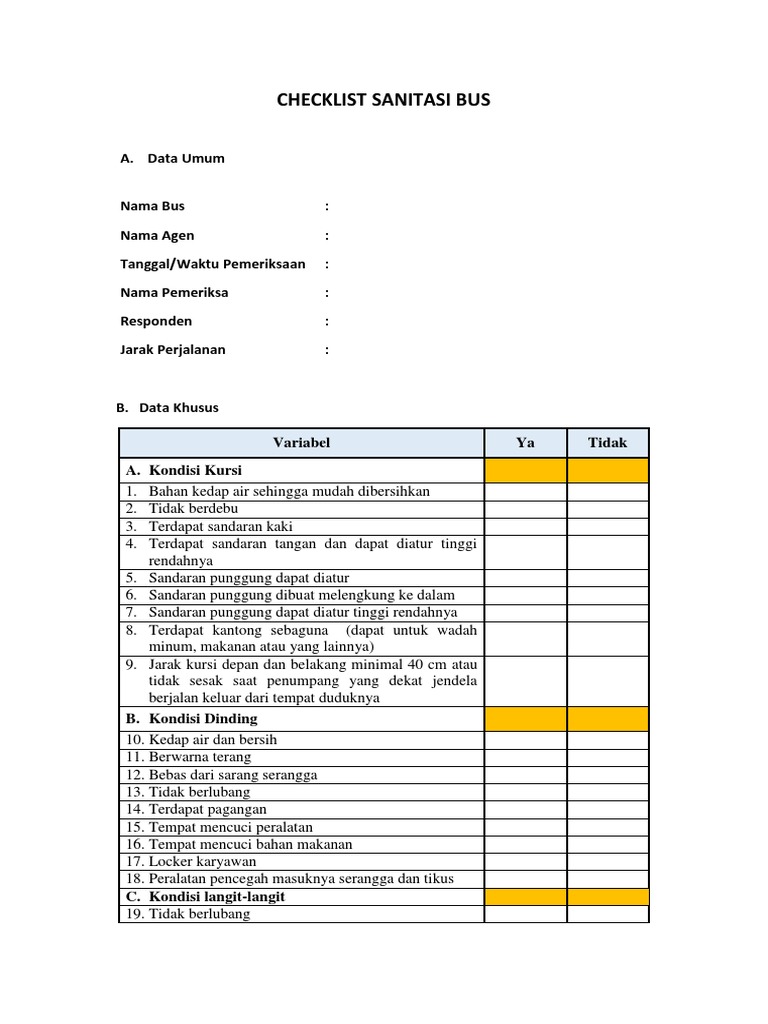Checklist Sanitasi Bus Lengkap | PDF | Bisnis