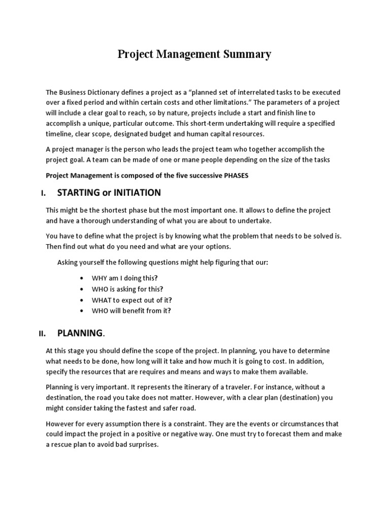 Project Management Summary: Starting or Initiation | Download Free PDF ...