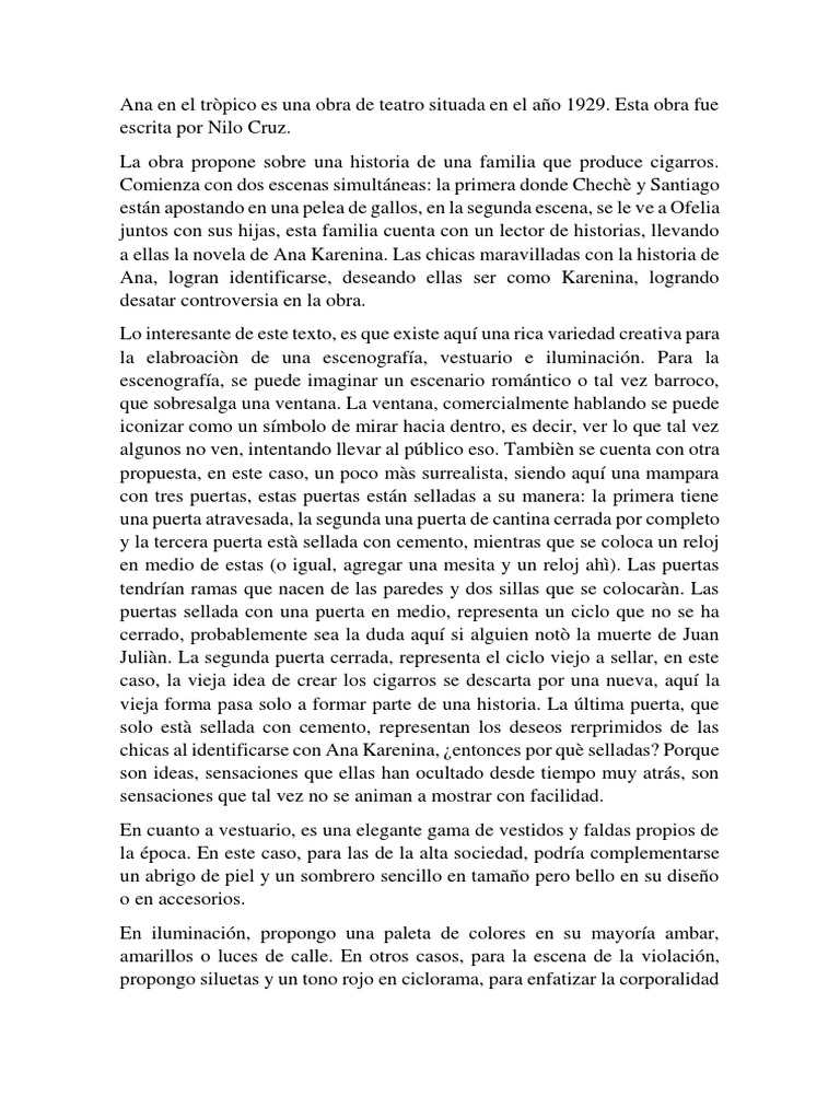 Análisis escenográfico de "Ana en el tròpico" | PDF