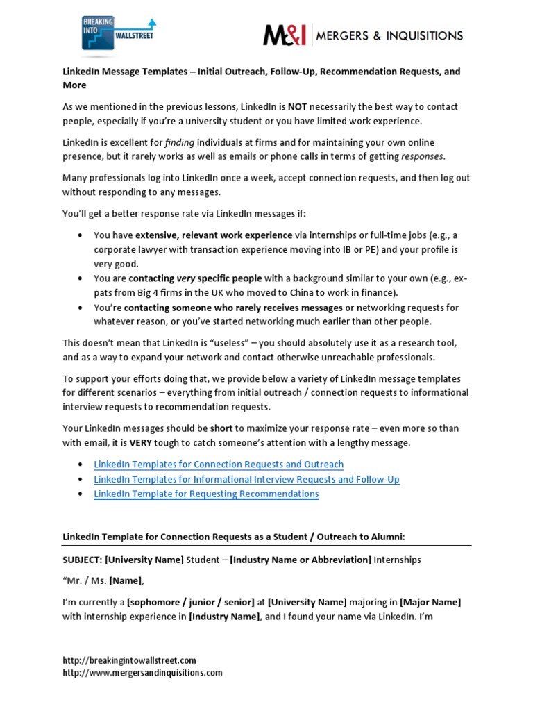 12 03 LinkedIn Message Templates | PDF | Linked In | Internship
