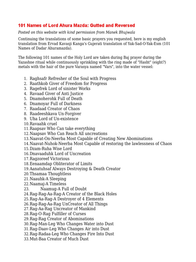 101 Names of Ahura Mazda, Reversed and Dissected | PDF | Religious ...