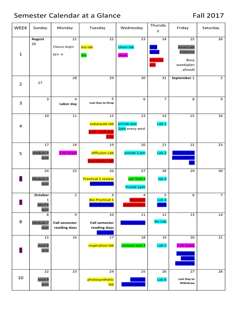 Fall 2017 Semester Calendar Overview | PDF | Holidays | Observances