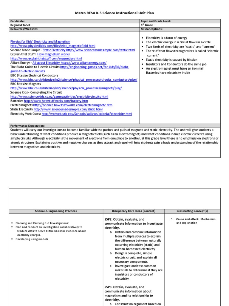 Unit Plan Science Unit Plan 5th | PDF | Electricity | Electric Current