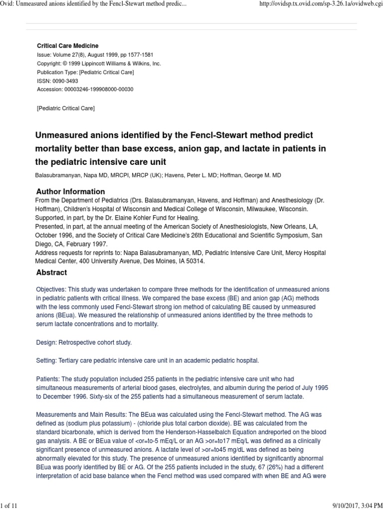 Unmeasured Anions Identified by The Fencl-Stewart Method Predict ...