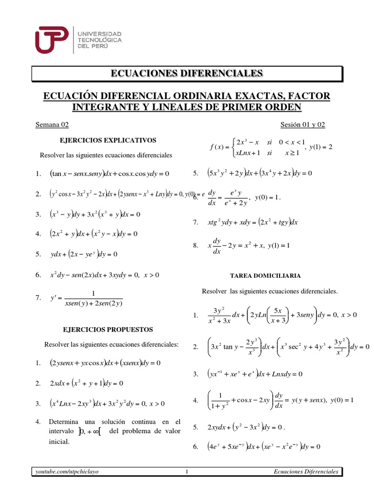 Semana 02 Sesion 01 y 02 - EDO Exacta y Factor Integrante | PDF | Ecuaciones | Verdad lógica