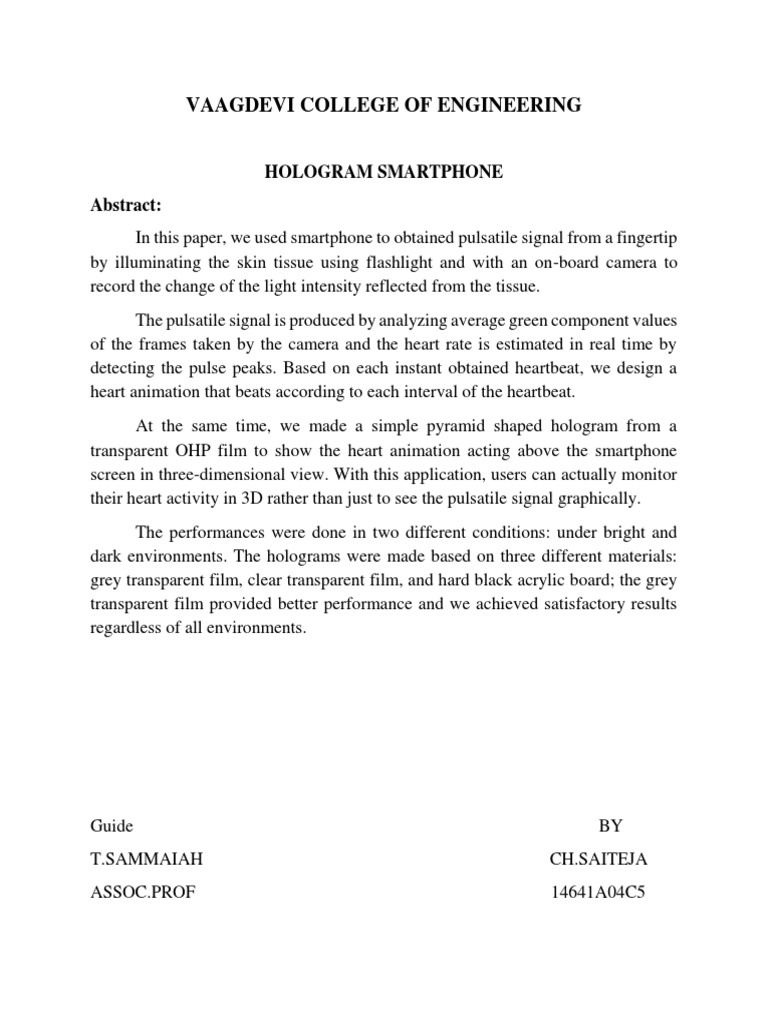 Vaagdevi College of Engineering: Hologram Smartphone Abstract | PDF | Holography | Atomic