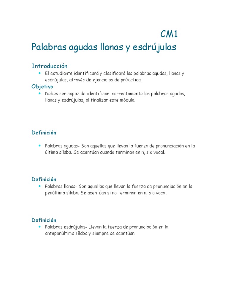 Identificación de Palabras Agudas, Llanas y Esdrújulas | PDF | Palabra ...