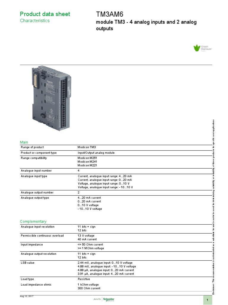 4 Analog Inputs and 2 Analog Outputs Module TM3 - Product Data Sheet and Specifications for the ...