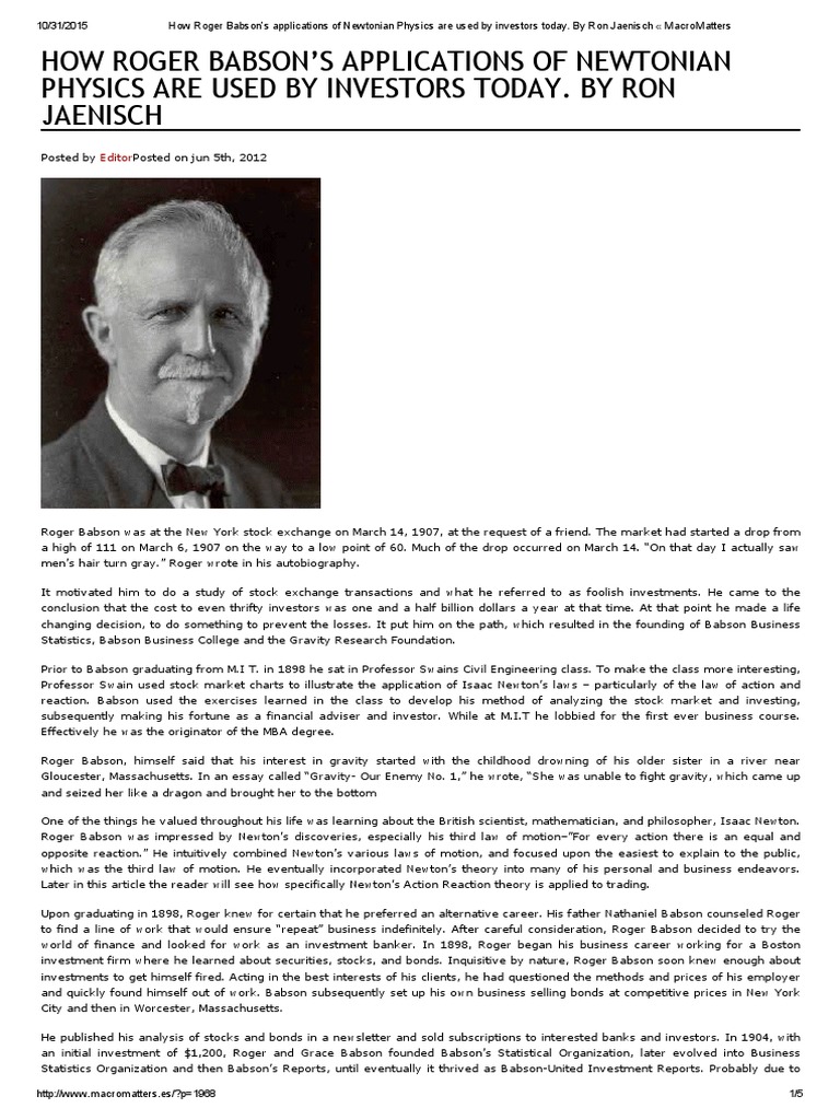 How Roger Babson's Applications of Newtonian Physics Are Used by ...