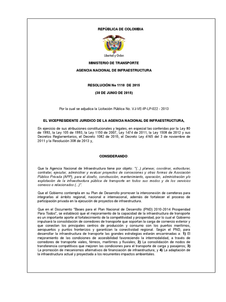 Acta Administ Resolucion de Adjudicacion 1110 de 30.06.15 | PDF | Asociación público-privada ...