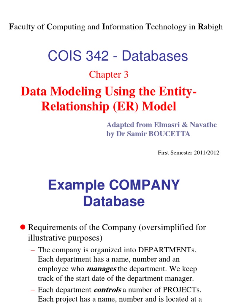 COIS 342 - Databases: Data Modeling Using The Entity-Relationship (ER) Model | PDF | Conceptual ...
