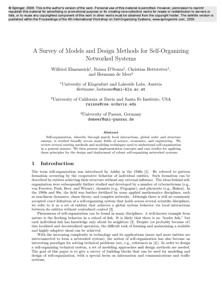 Elmenreich Et Al. - A Survey of Models and Design Methods For Self-Organizing Networked Systems ...