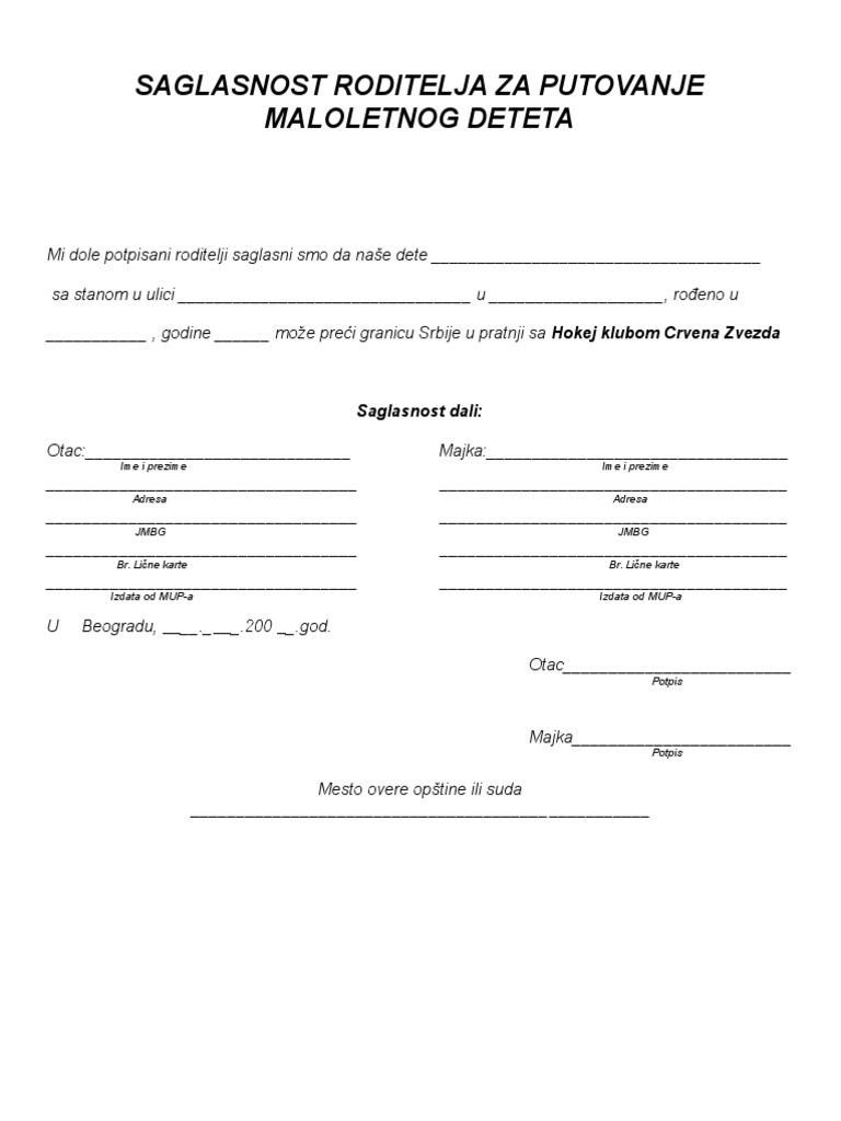 Saglasnost Za Maloletnu Decu Primer | PDF
