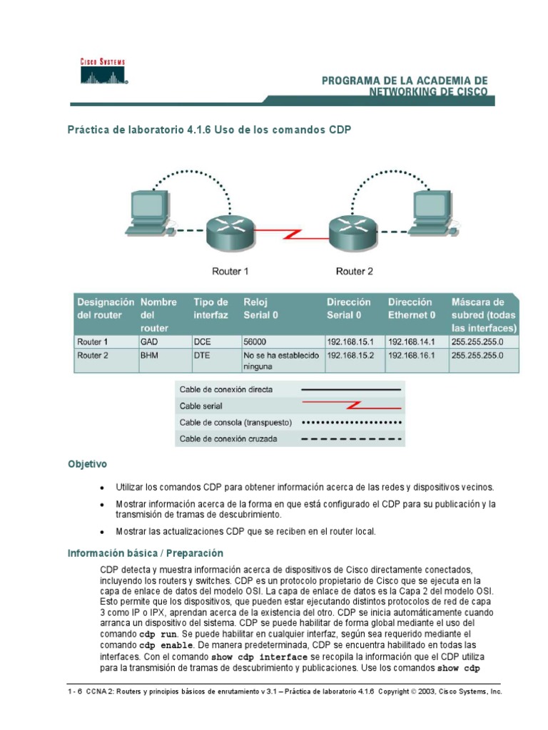7.1.CCNA2 Lab 4 1 6 CDP Es PDF | PDF | Enrutador (Computación) | Modelo osi
