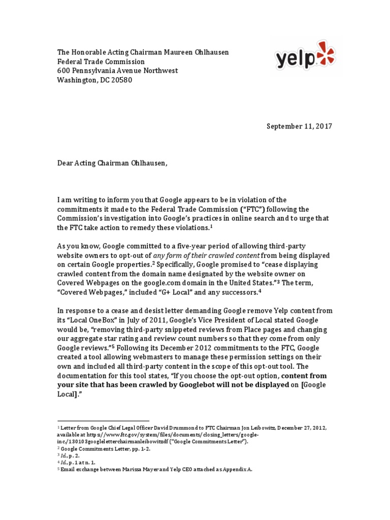 Yelp letter to FTC Chair Maureen Ohlhausen | Federal Trade Commission ...