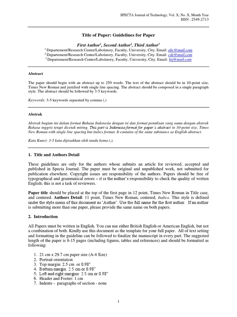 Paper Template Guidelines Specta Journal of Technology | PDF | Times ...