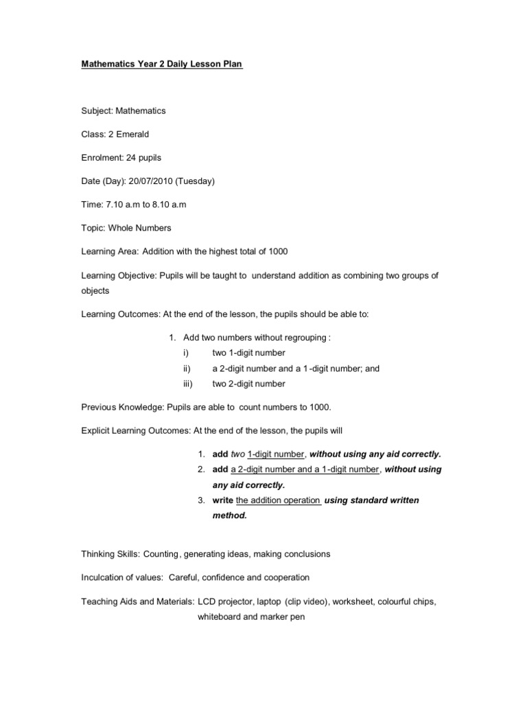 Mathematics Year 2 Daily Lesson Plan | Teachers | Lesson Plan