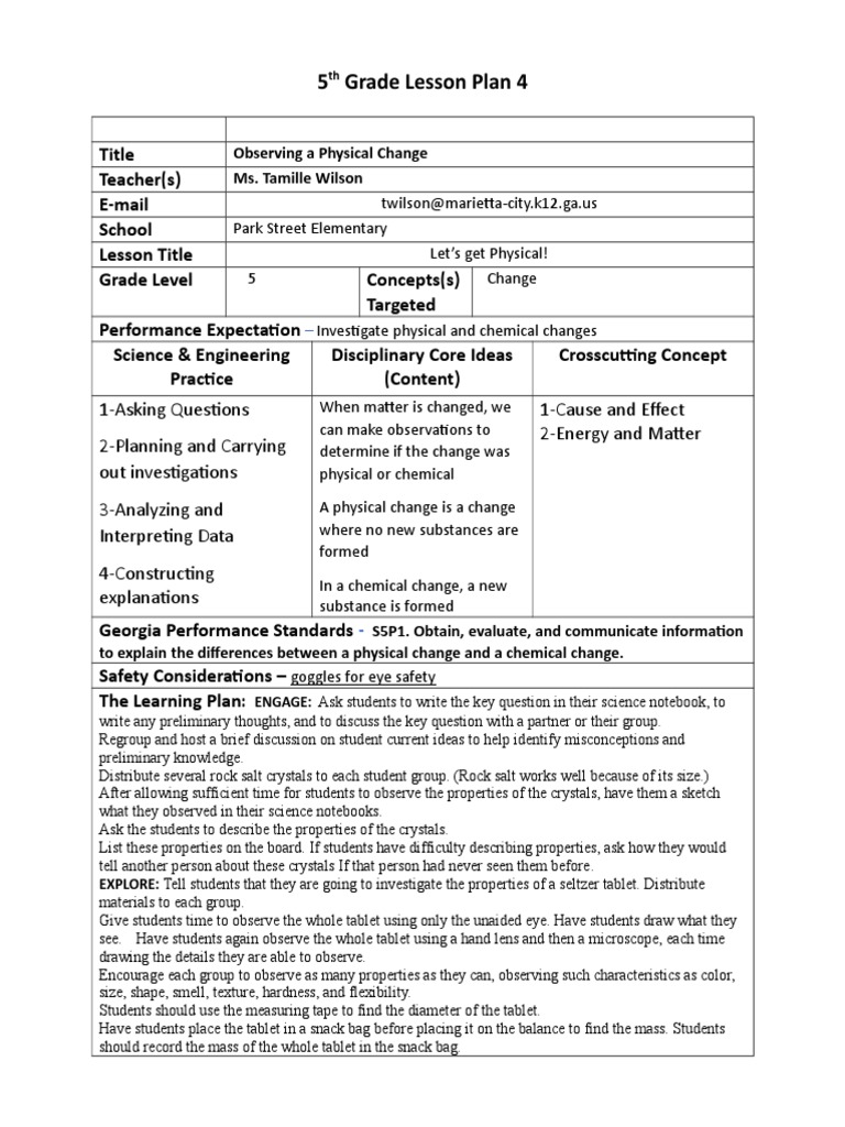 5th Grade Physical Change Lesson Plan | PDF | Tablet (Pharmacy) | Matter