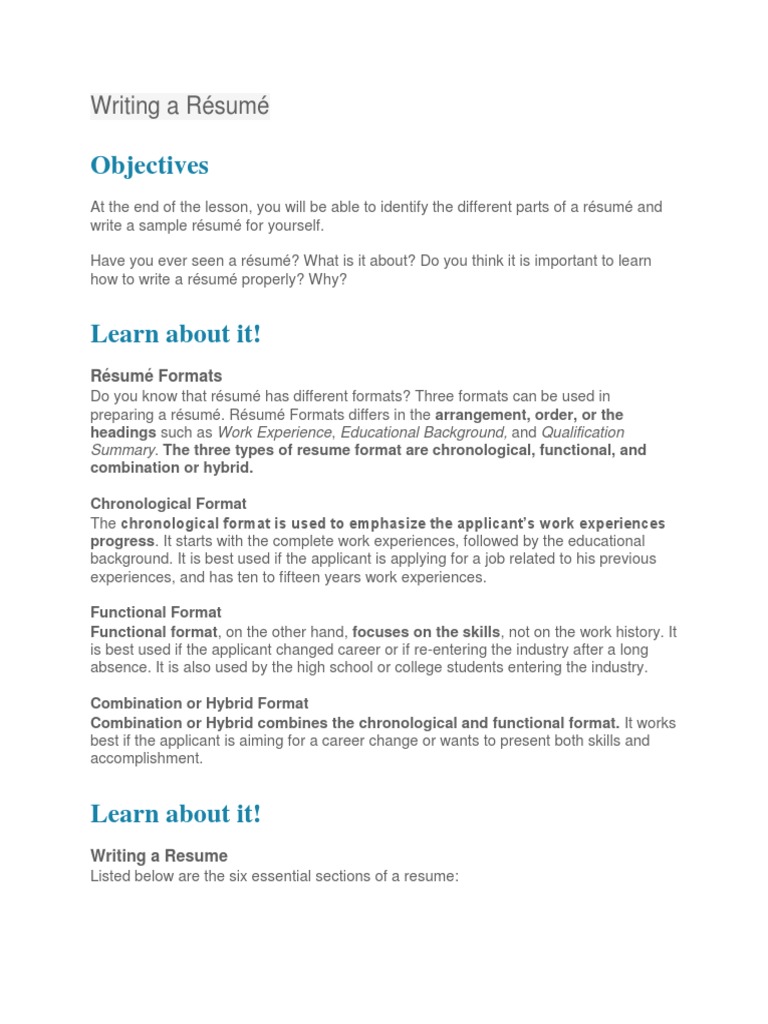 Writing A Résumé Handout | PDF | Résumé | Cognition