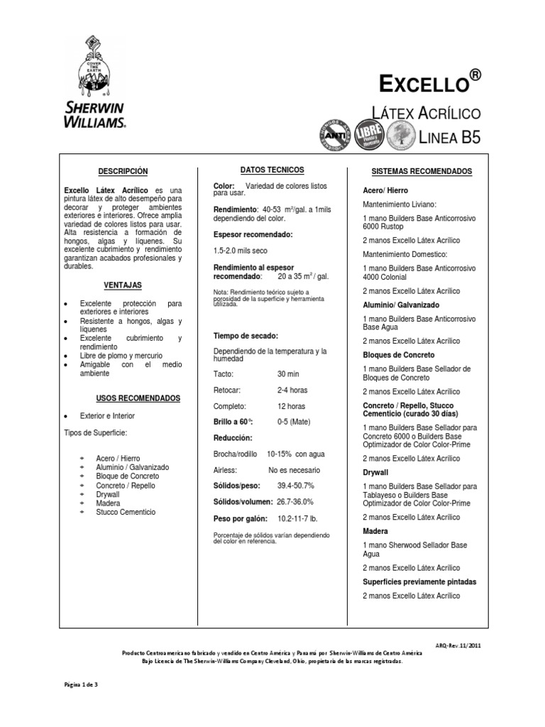 Ficha Tecnica Excello Latex Sherwin Williams PDF | PDF