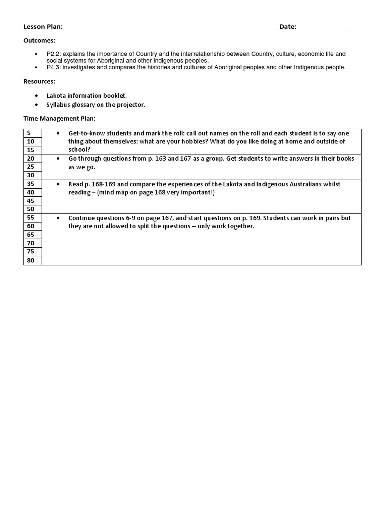 Aboriginal Culture and History Lesson Plan | PDF | Indigenous Peoples ...