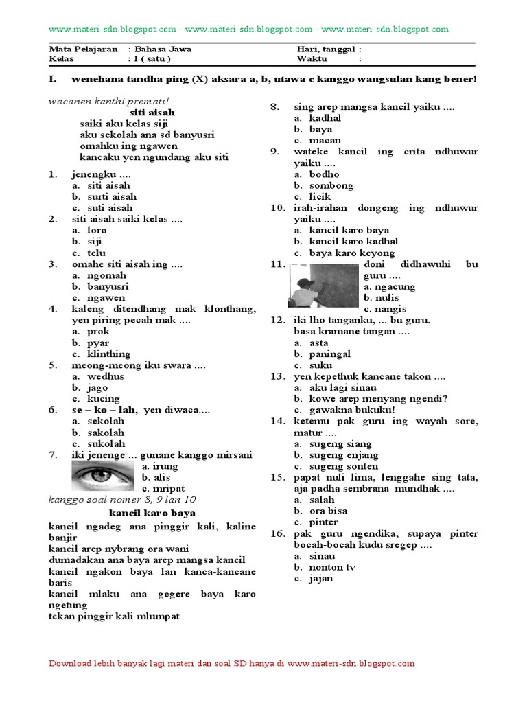 Soal Uas Bahasa Jawa SD Kelas 1 | PDF