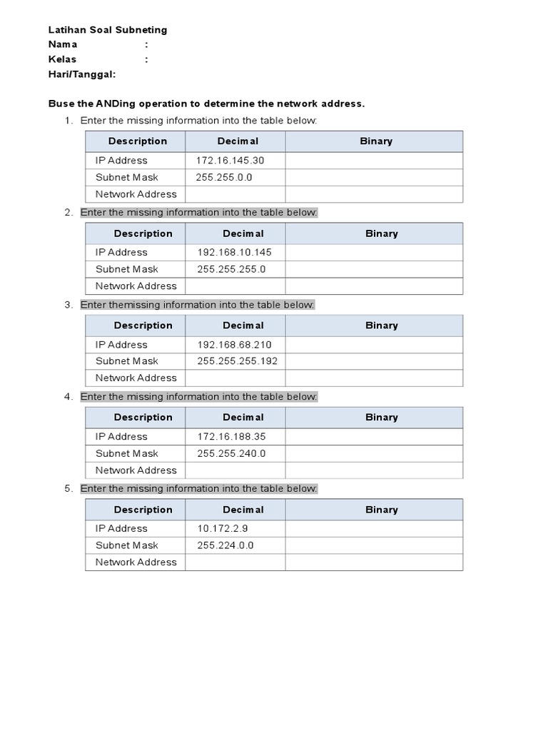 Latihan Soal Subneting Nama: Kelas: Hari/Tanggal: Buse The Anding ...