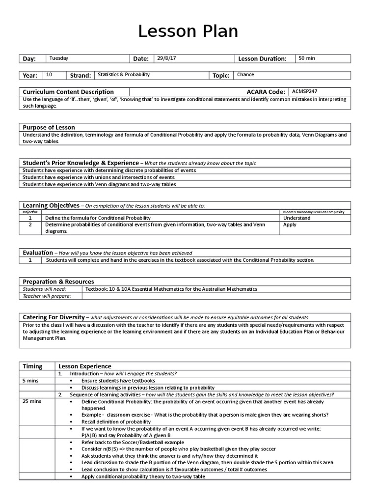Lesson Plan Template 20170829 Conditional Probability | PDF | Lesson ...