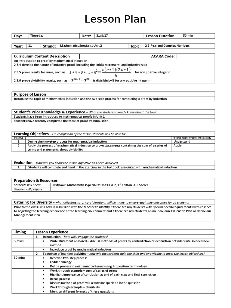 Lesson Plan Template 20170831 Mathematical Induction | PDF ...