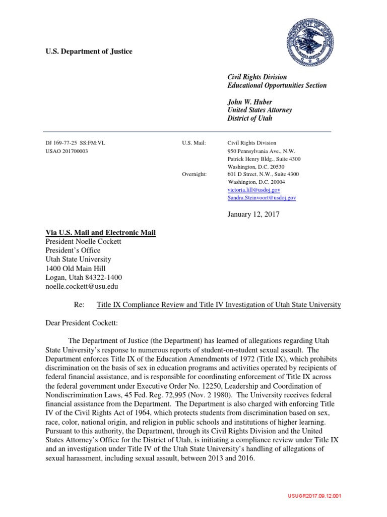 Department of Justice Letter To Utah State University | PDF | Title Ix ...