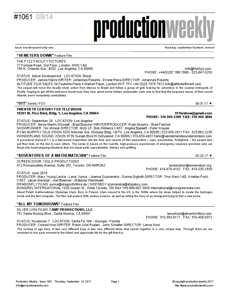 Production Weekly - Issue 1061 - Thursday, September 14, 2017 / 100 ...