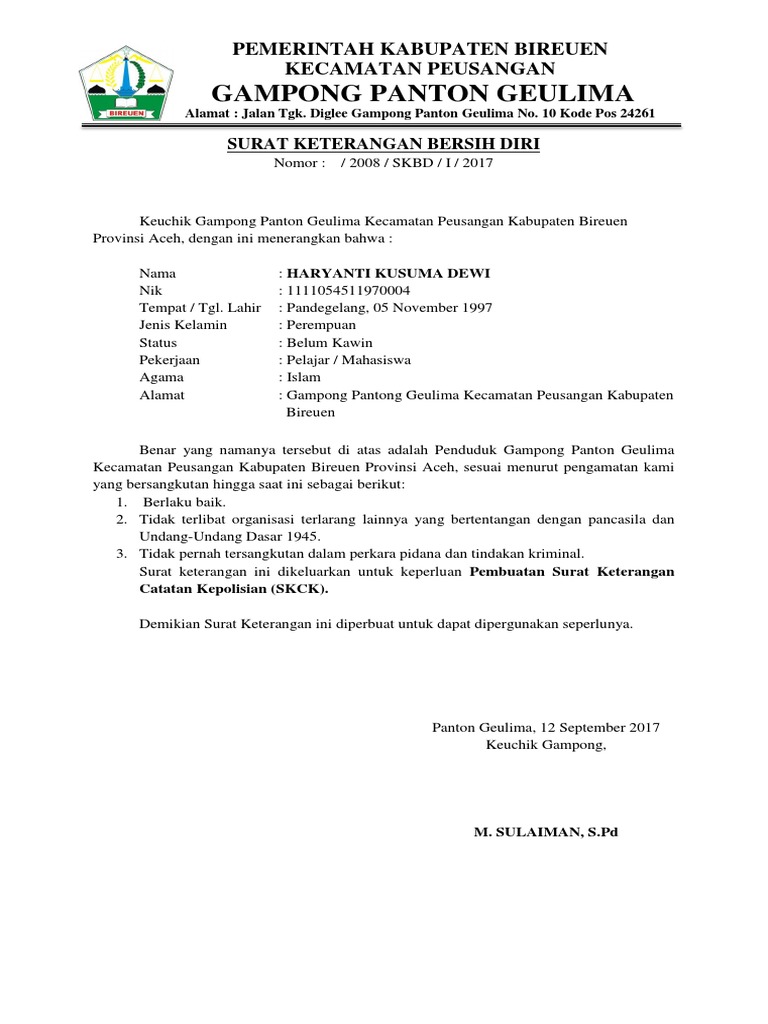 Contoh Surat Keterangan Bersih Diri | PDF