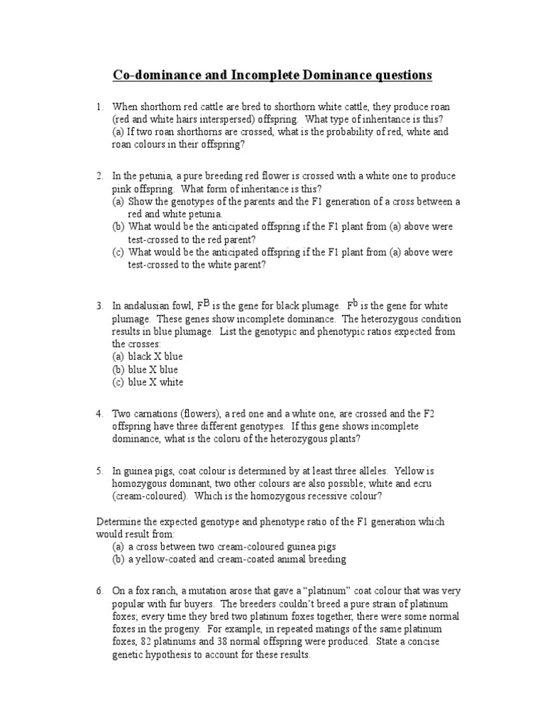 Incomplete Codominance Multiple Alleles Worksheet | PDF | Dominance ...