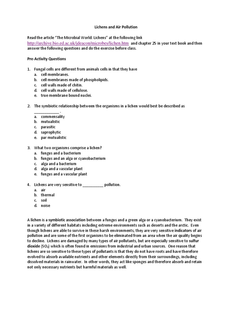 Activity Lichens PDF | PDF | Algae | Air Pollution
