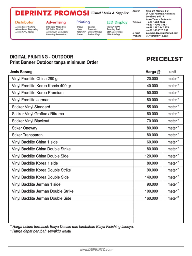 Price List Daftar Harga Percetakan Digital Printing OUTDOOR DEPRINTZ ...